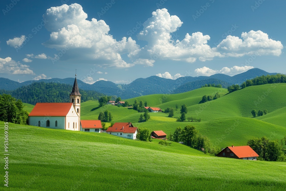 Bavarian landscape with rolling green hills, a small village with red ...