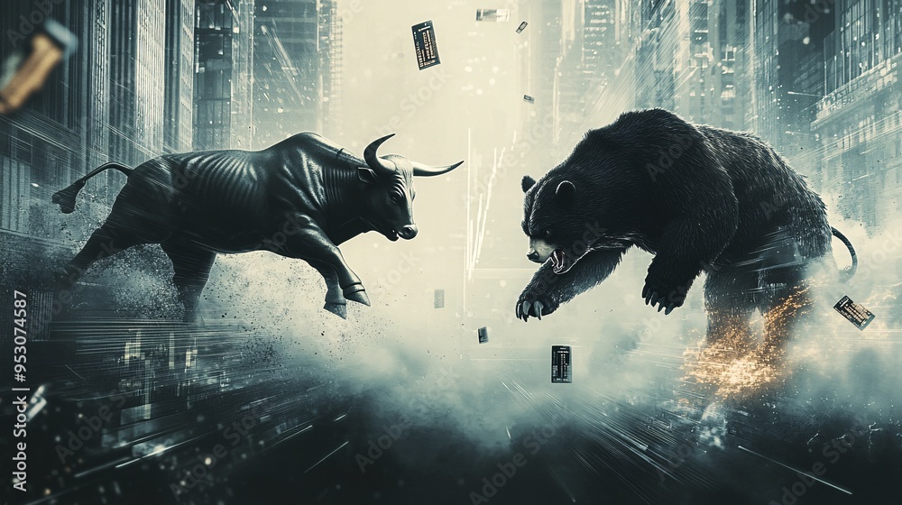 dynamic digital art, a powerful bull pushing up a stock price bar ...