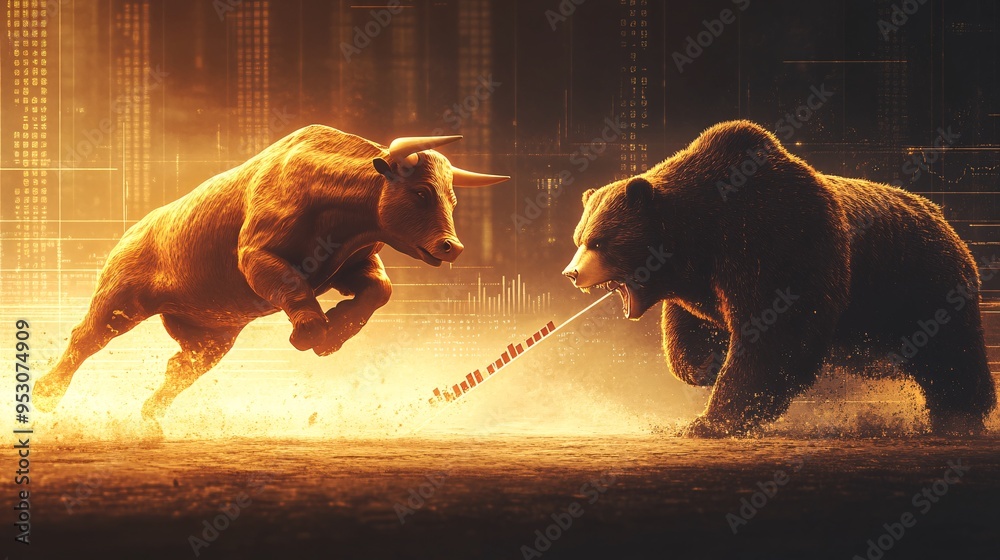symbolic art, a bull lifting a stock price bar with its horns, while a ...