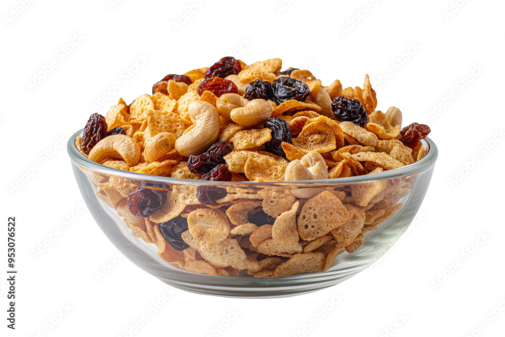 Caramel cornflakes with whole grains, raisins and cashew nuts in bowl ...