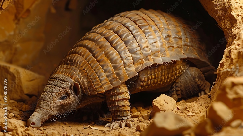 Pichciago armadillo burrowing through the earth, a cross-section view ...