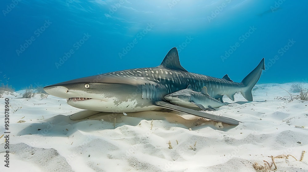 Remora attached to the underbelly of a shark, illustrating the ...