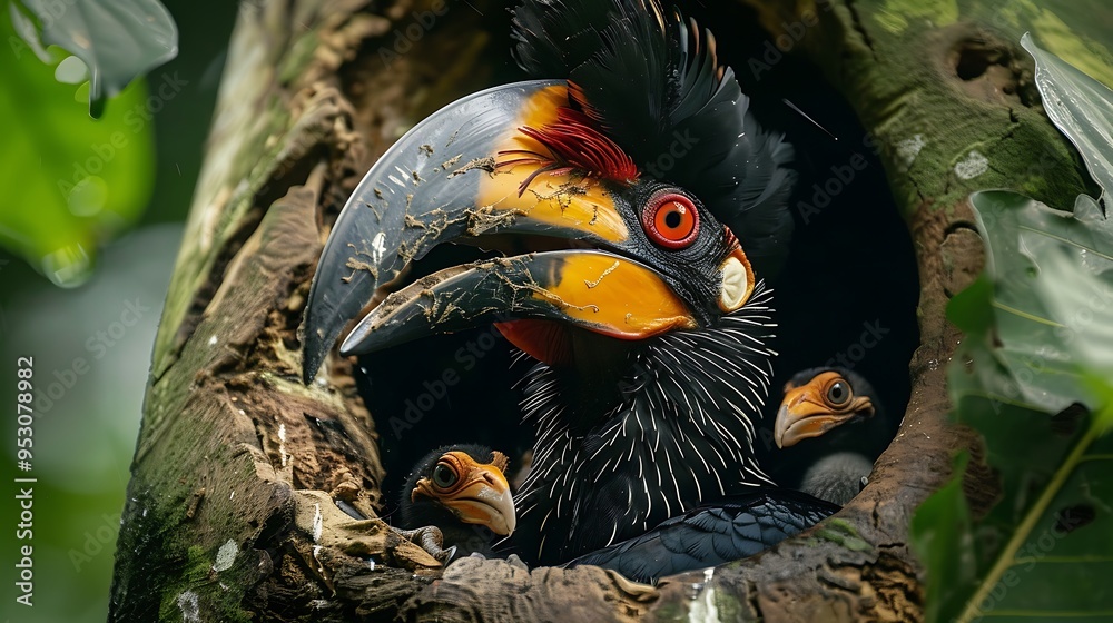 Rhinoceros hornbill with its prominent casque, feeding chicks in a tree ...