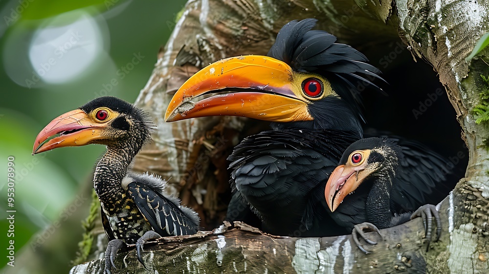 Rhinoceros hornbill with its prominent casque, feeding chicks in a tree ...