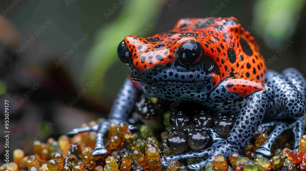 Strawberry poison dart frog carrying tadpoles on its back, the scene ...
