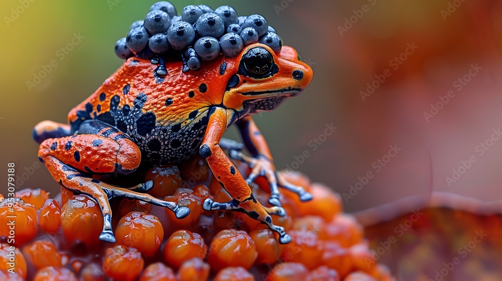 Strawberry poison dart frog carrying tadpoles on its back, the scene ...