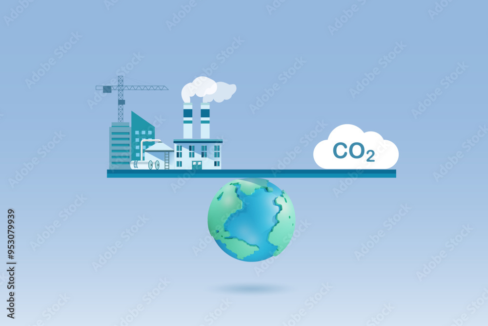 World on balance bar between industrial buildings and Co2 Carbon ...