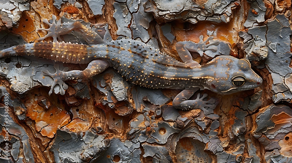 Camouflaged leaf-tailed gecko expertly blending into the rugged bark of ...