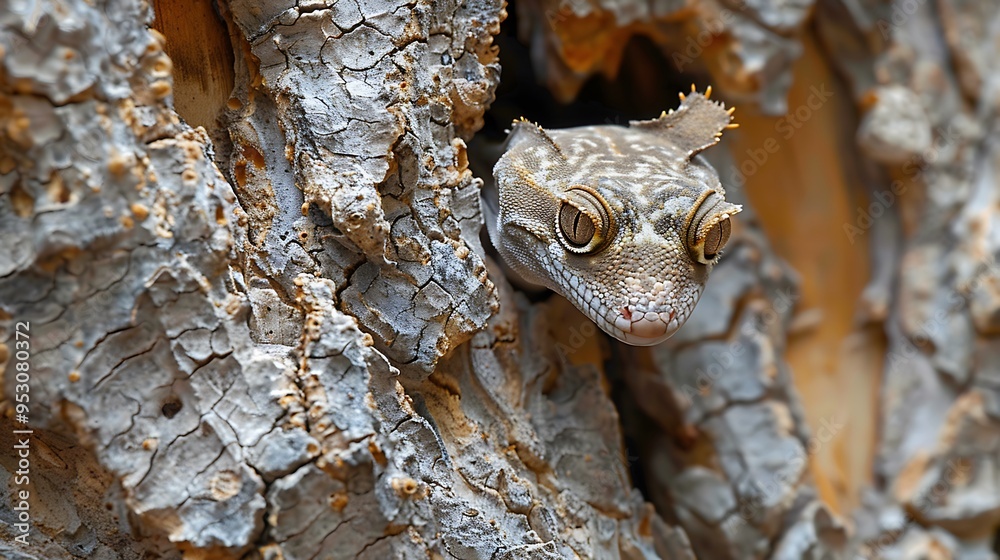 Camouflaged leaf-tailed gecko expertly blending into the rugged bark of ...