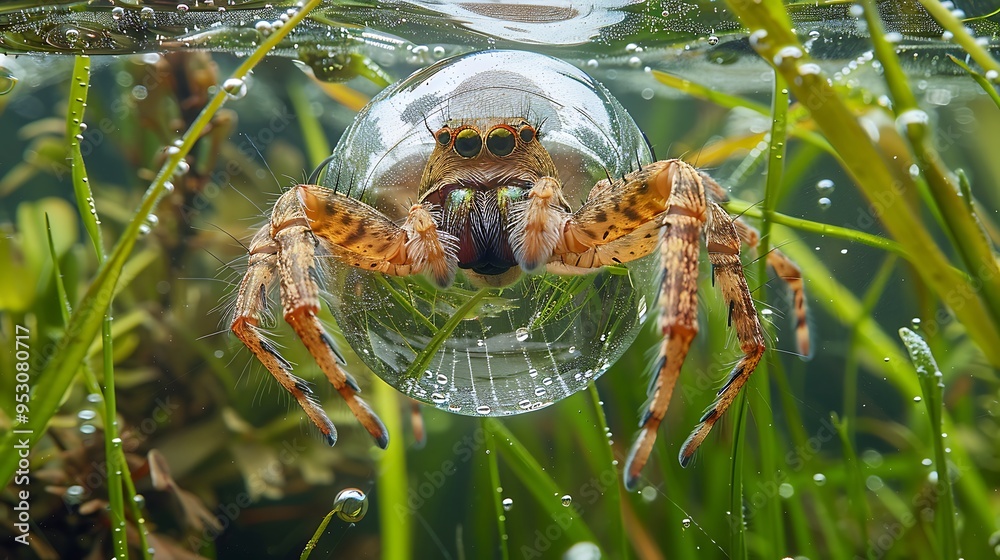 Diving bell spider living inside an underwater air bubble, captured in ...