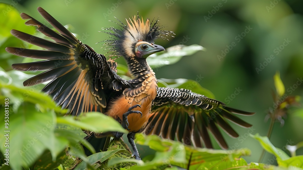 Hoatzin chick using its wing claws to climb in the Amazon rainforest ...