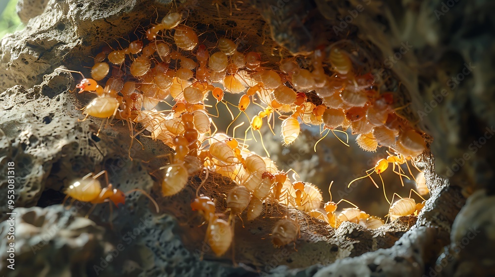 Honeypot ants with swollen abdomens, shown inside their nest structure ...