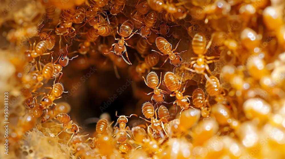 Honeypot ants with swollen abdomens, shown inside their nest structure ...