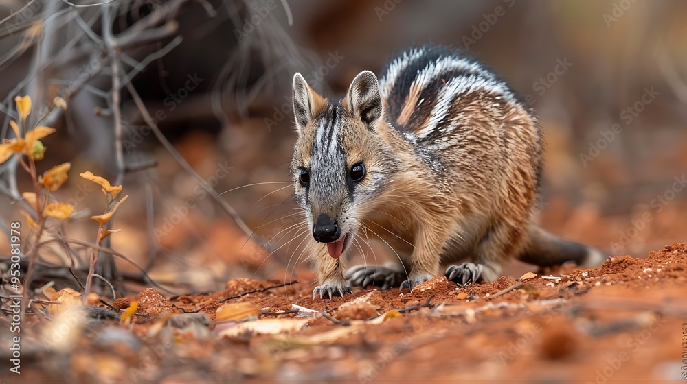 Numbat foraging for termites in the Australian outback, its long tongue ...