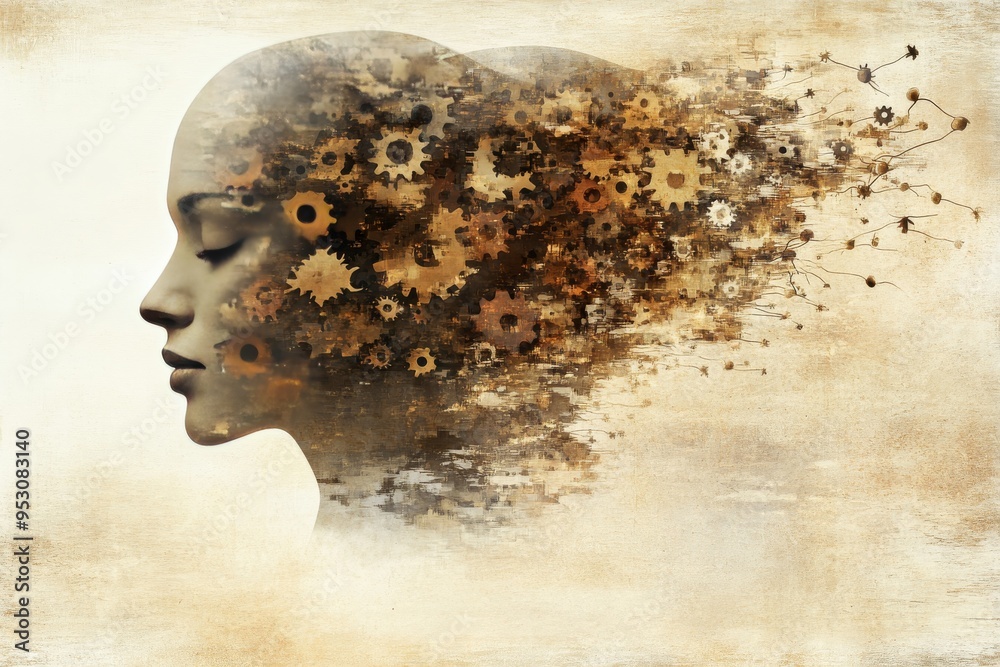 Profile of a Woman’s Head Disintegrating into Mechanical Parts ...