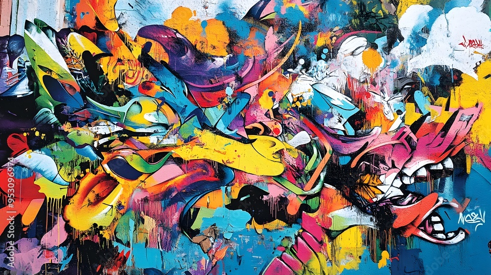 Urban street mural with vibrant graffiti bright colors and diverse ...