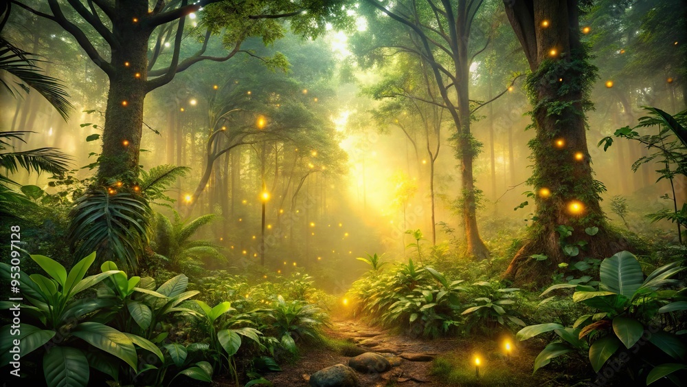 Amazon rainforest at dusk, soft warm light casting a golden glow, mist ...