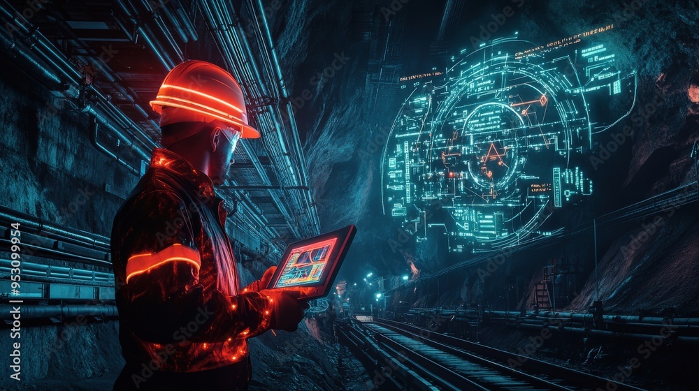 Underground mine engineer standing near a mining shaft, monitoring the ...