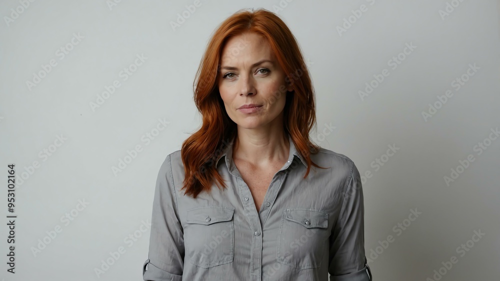 adult red hair american woman in gray shirt model portrait standing ...