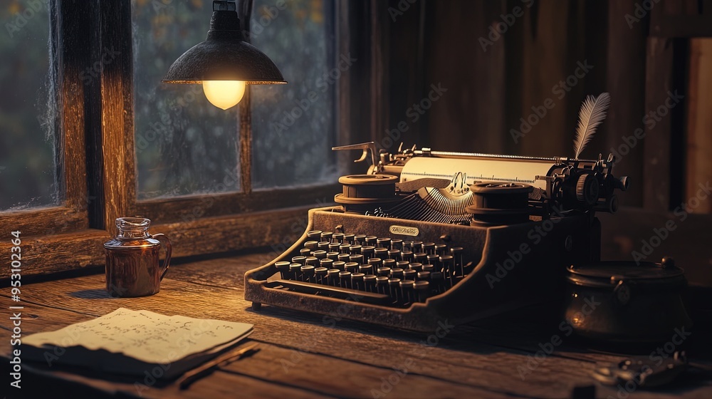 Timeless Writing Space: Rustic Typewriter, Feather Quill, and Inkpot on ...