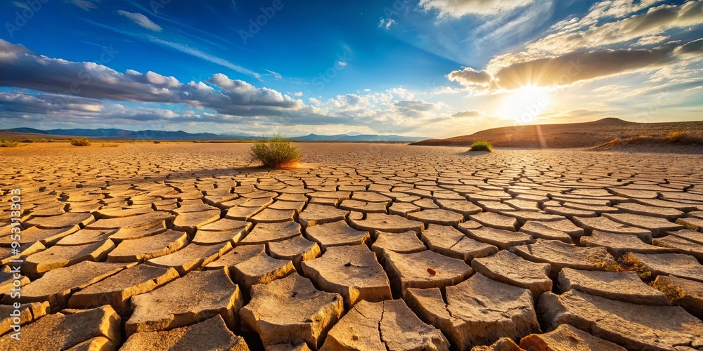 Arid desert landscape with severely cracked and fissured dry soil ...