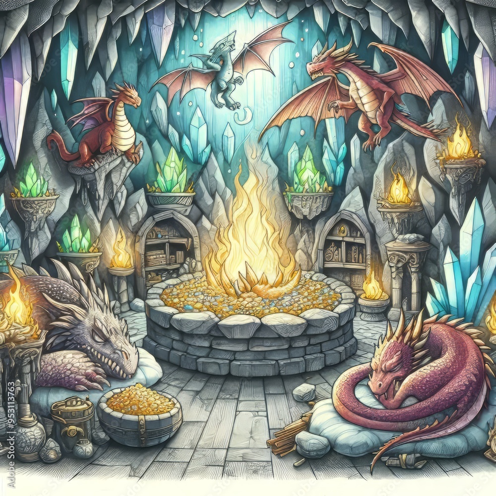 Dragon Lair Drawings Kids may draw a mystical dragon's lair wit Stock ...