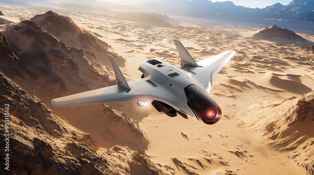 high-tech drone jet, compact and fast, soaring through a futuristic ...