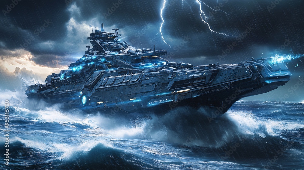 futuristic warship, heavily armored with railguns and missile launchers ...