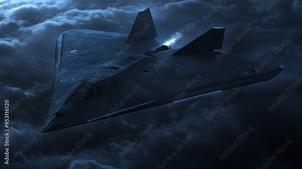 stealth bomber, matte black with angular lines, cruising silently ...