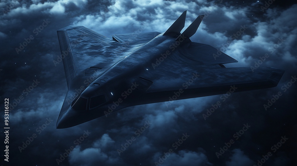 stealth bomber, matte black with angular lines, cruising silently ...