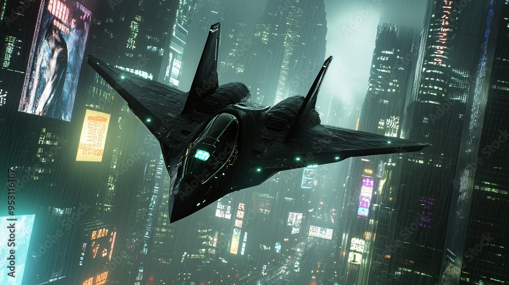 futuristic jet fighter, sharp and angular with glowing energy thrusters ...