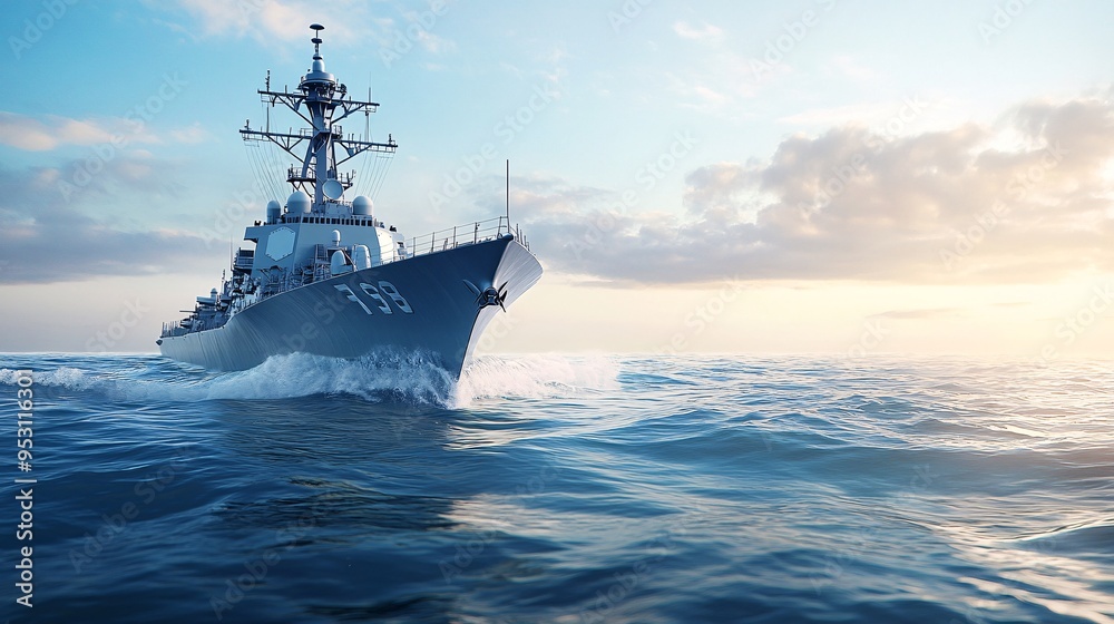 modern naval destroyer, sleek and armored with radar towers, cruising ...