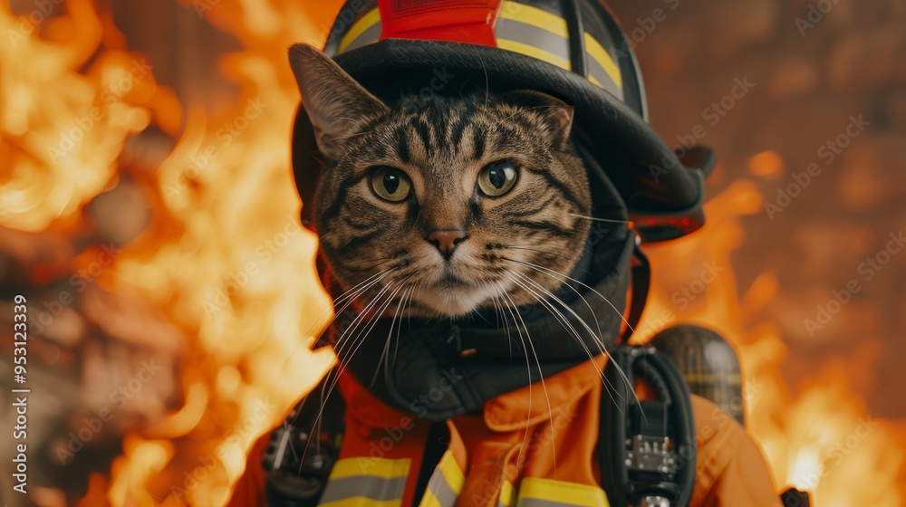 Brave tabby cat dressed as a firefighter standing in front of blazing ...