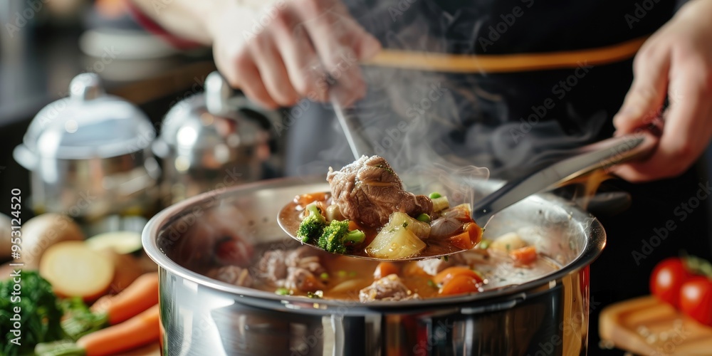 Cook meat and vegetables by boiling them in a pot using a stainless ...