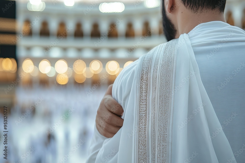 A Muslim man wearing a white Ihram garment stands in prayer at the ...