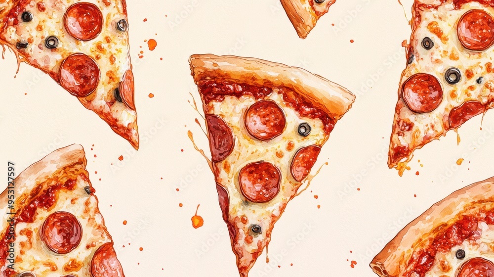 Watercolor of a pizza pepperoni pizza slice flying being pulled with ...