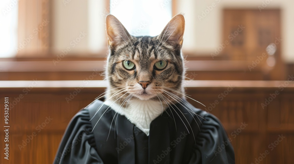 A serious tabby cat dressed as a judge in a courtroom setting. The ...
