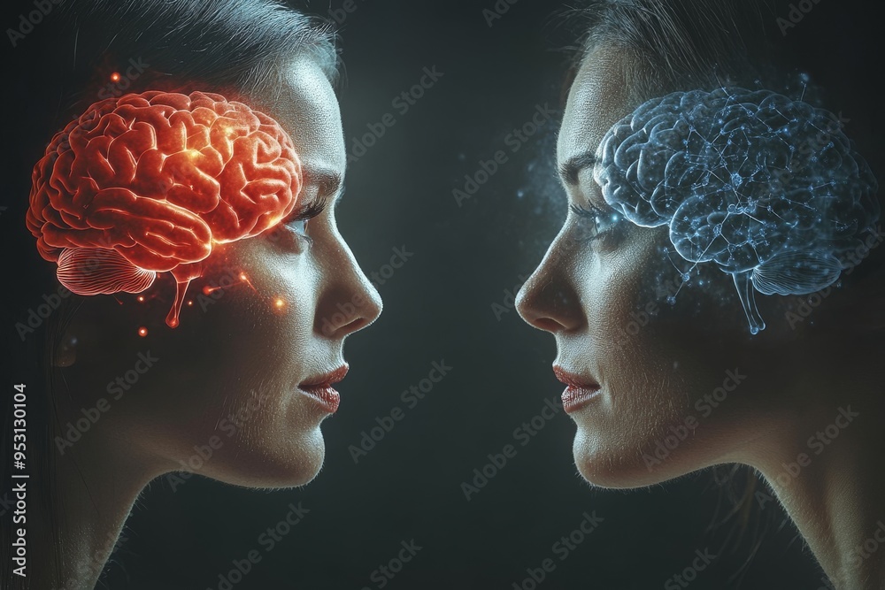 Abstract digital portrait of two faces merging into a colorful mosaic ...