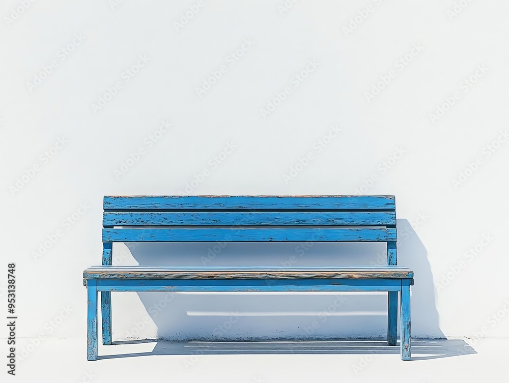 Blue bench on a plain white backdrop, positioned on the lower third ...