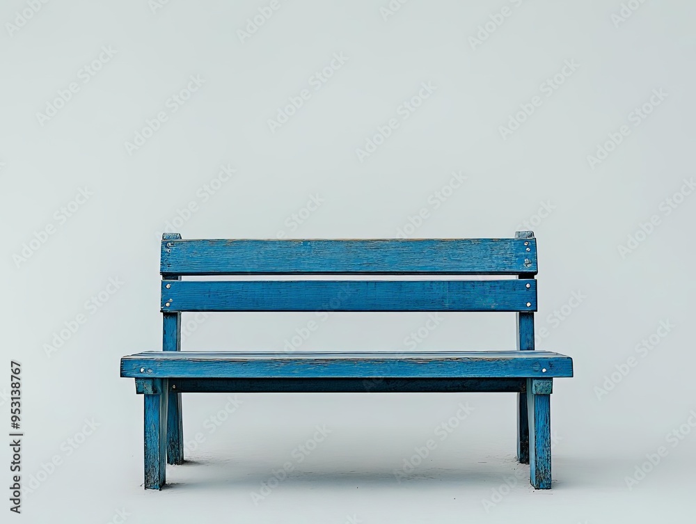 Blue bench on a plain white background, positioned on the upper right ...