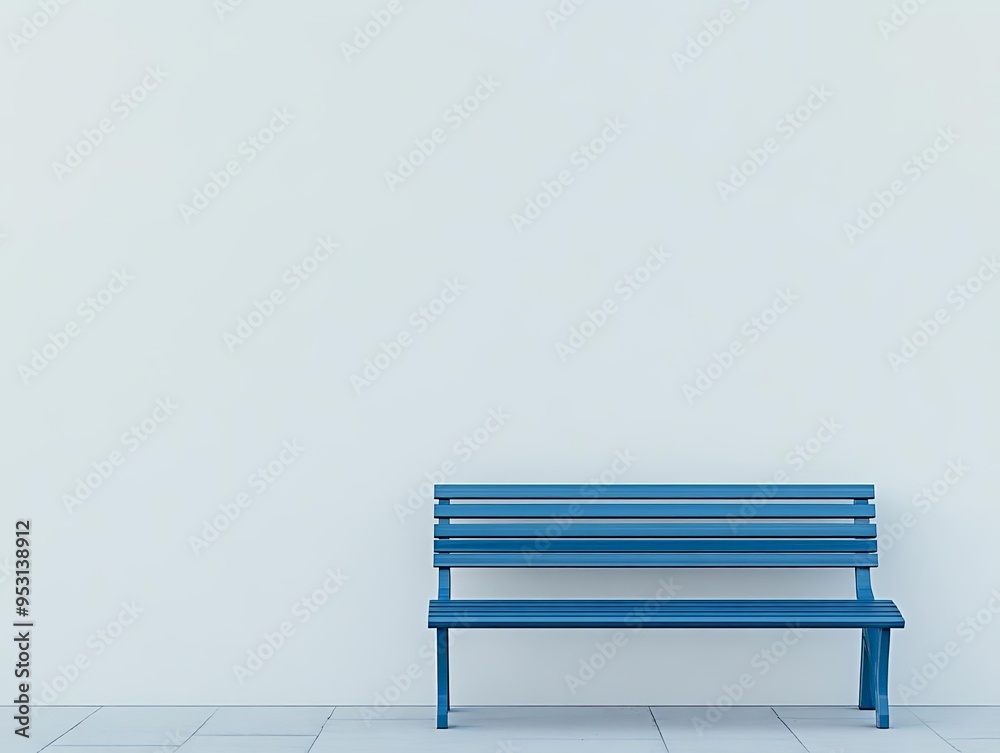 Blue bench placed on the lower right third of a plain white background ...