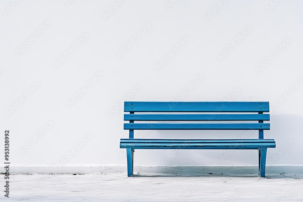 Blue bench placed on the lower third of a white background, minimal ...