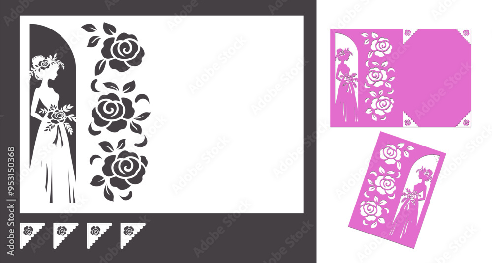 Cut out wedding invitation or card with bride and roses. Cut out and ...