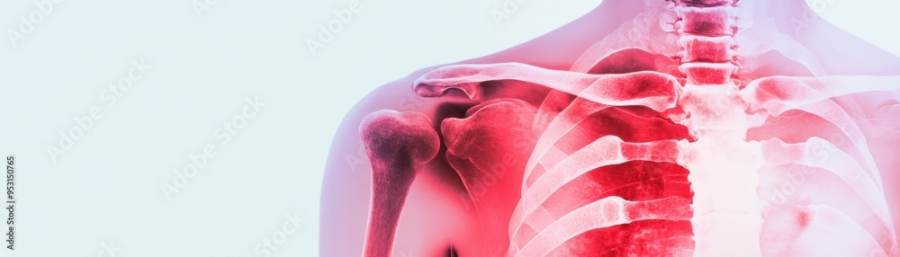 X-ray view of a dislocated shoulder with pain depiction, detailed ...
