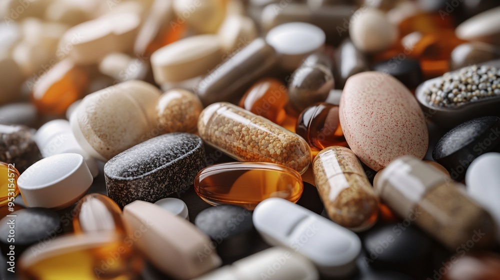 Iron and calcium supplements are showcased in a close-up against a ...