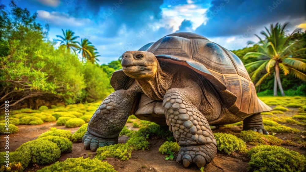 A majestic Galapagos giant tortoise roams freely in its natural habitat ...