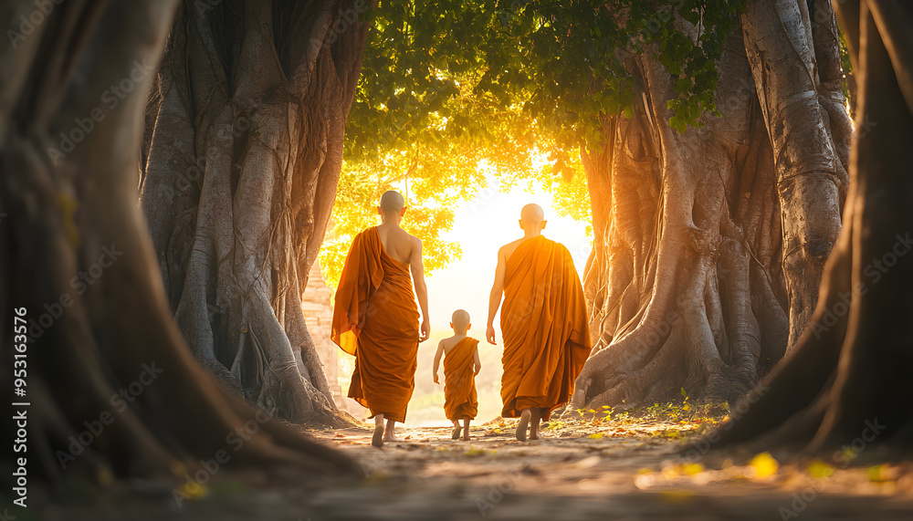 adult monks and one teen monk walking between giant bodhi trees Stock Photo | Adobe Stock