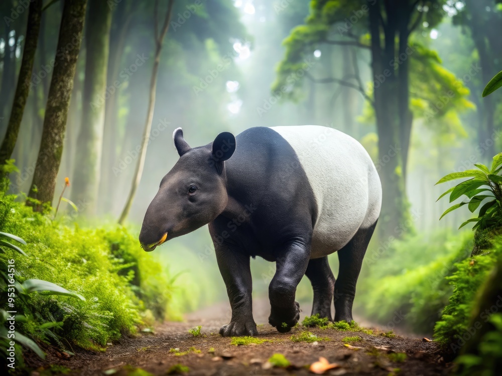 A shy and elusive Malayan tapir, with its distinctive black and white ...
