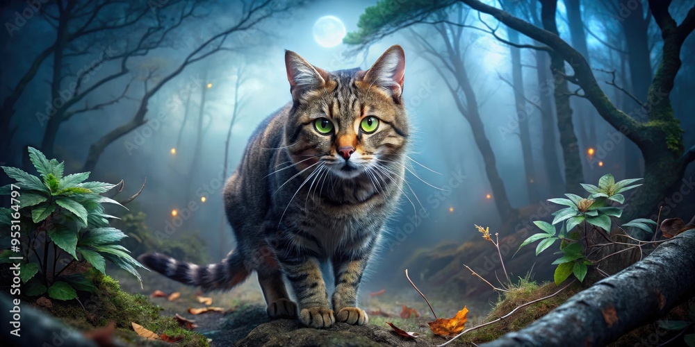 A sleek and agile wildcat, eyes fixed intently, crouches low amidst ...