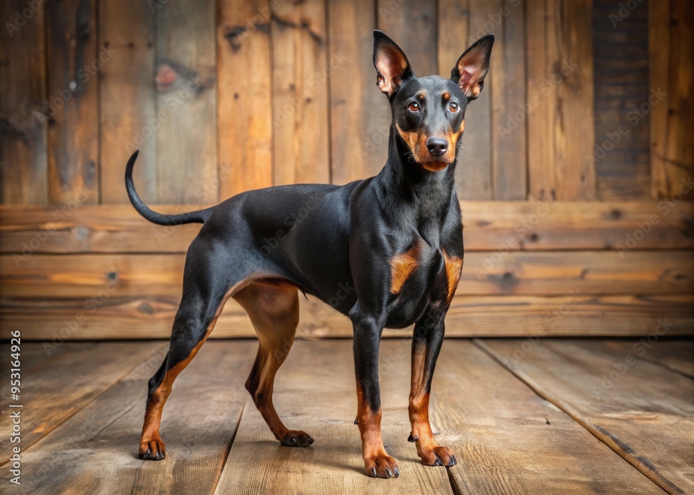 A sleek black Manchester Terrier dog with a silky coat and erect ears ...